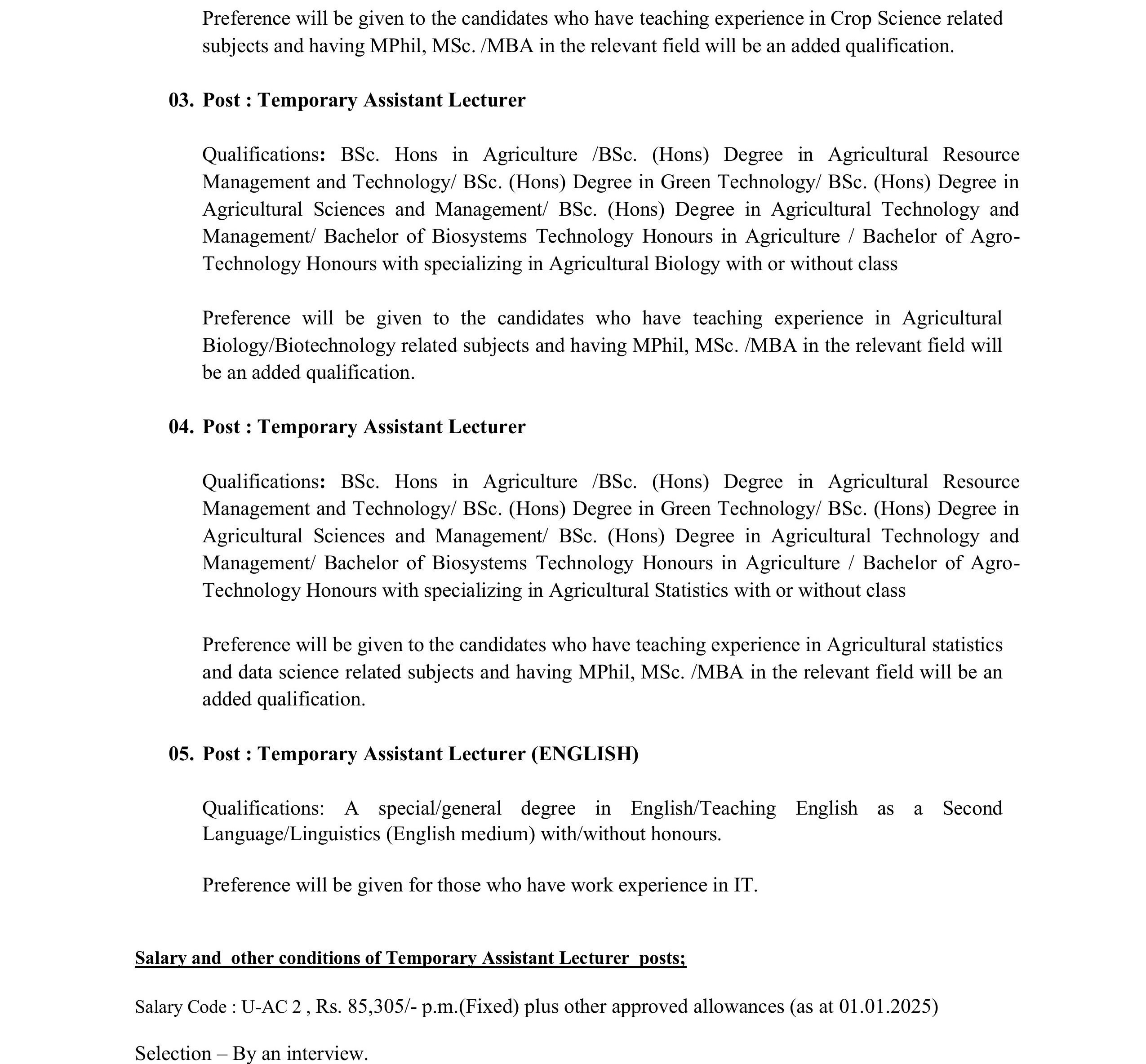 VACANCIES Lecturer Probationary Lecturer Unconfirmed Senior