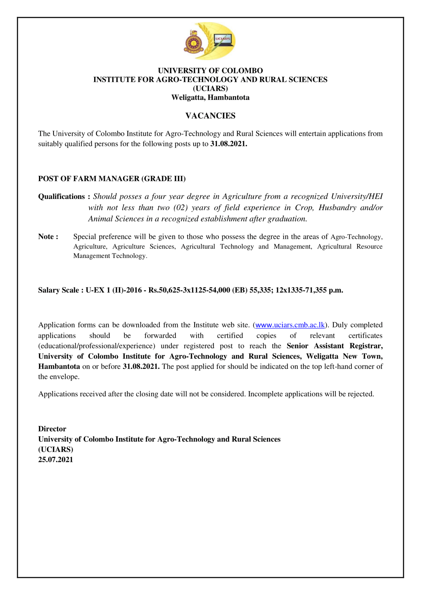 Advertisement Farm Manager Grade III 1 University Of Colombo Advertisement Farm Manager Grade III 1 University Of Colombo